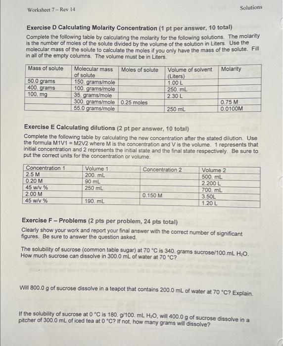 Solved Exercise D Calculating Molarity Concentration (1 pt | Chegg.com