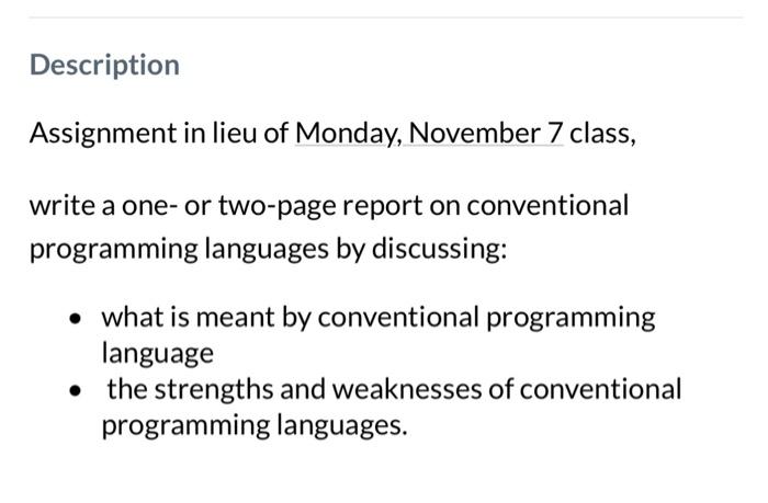 Solved Description Assignment in lieu of Monday, November 7 | Chegg.com