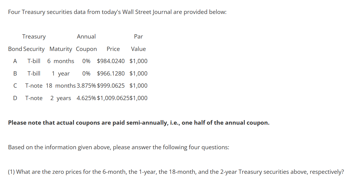 Solved Four Treasury securities data from today's Wall | Chegg.com