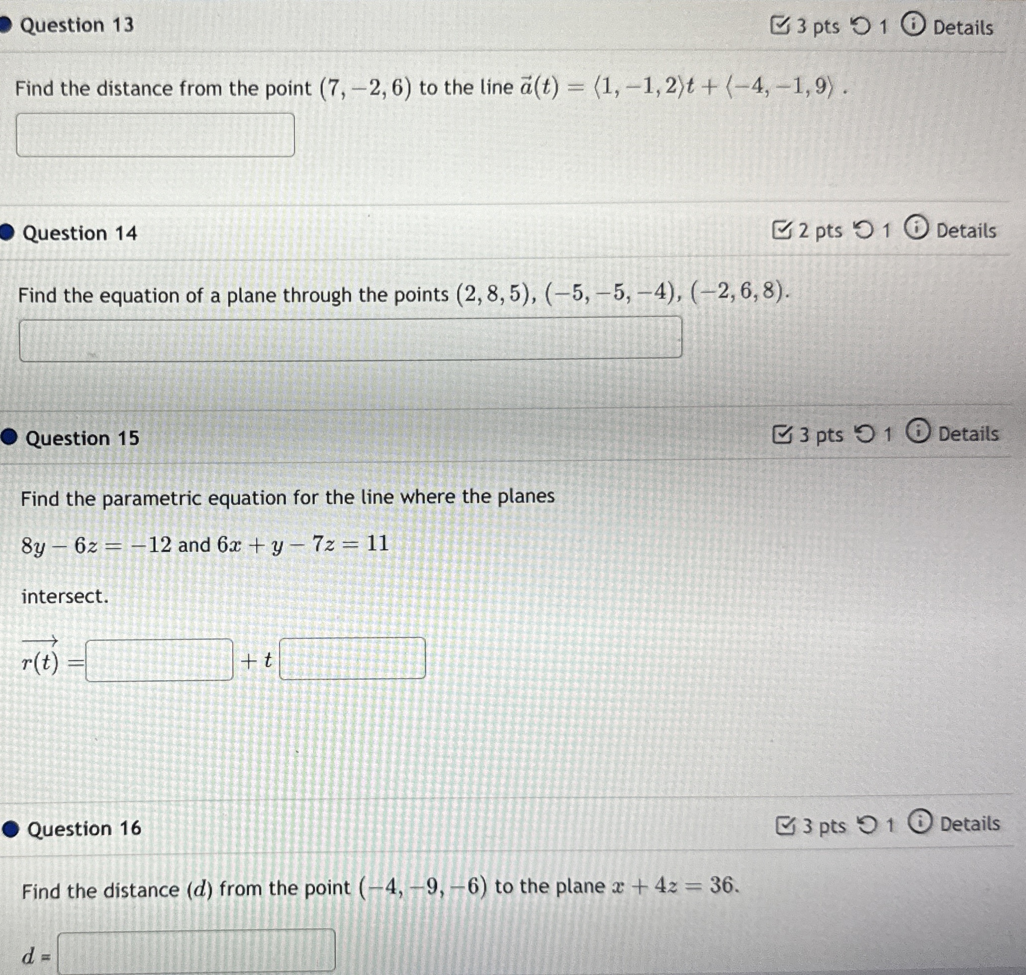 Solved Question 13Find the distance from the point (7,-2,6) | Chegg.com