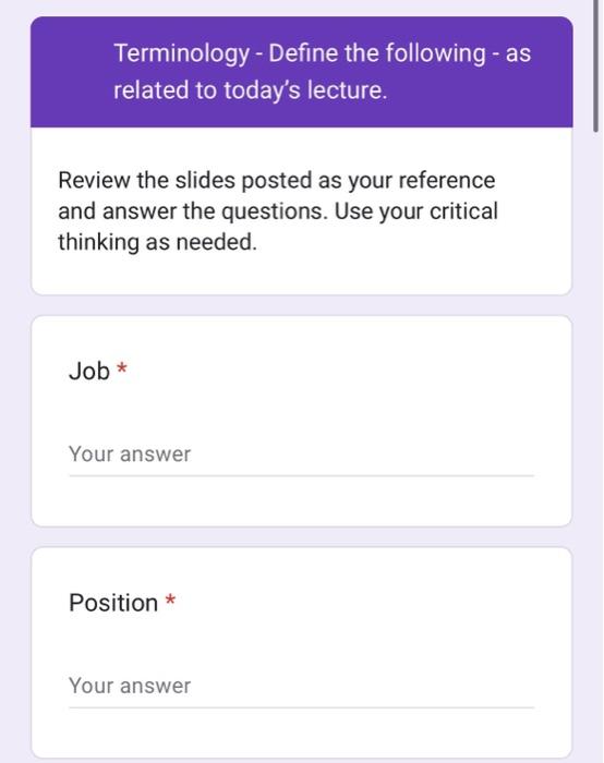 Solved Terminology - Define the following - as related to | Chegg.com