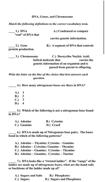 Solved DNA, Genes, and Chromosome Match the following | Chegg.com