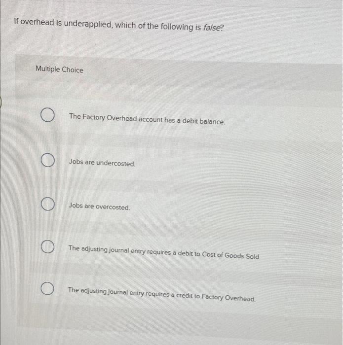 Solved If overhead is underapplied, which of the following | Chegg.com