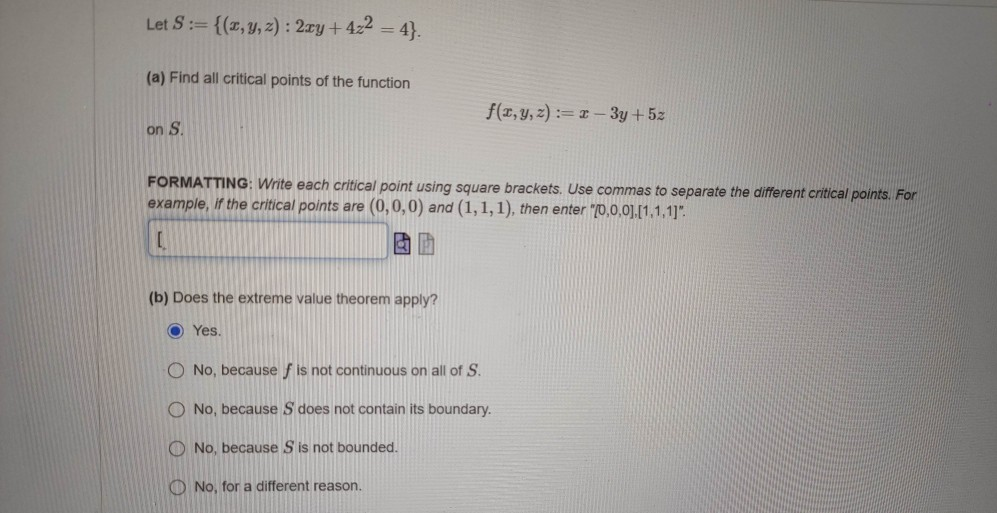 Solved Let S := {(2,y,z) : 2xy + 4z2 = 4}. (a) Find all | Chegg.com