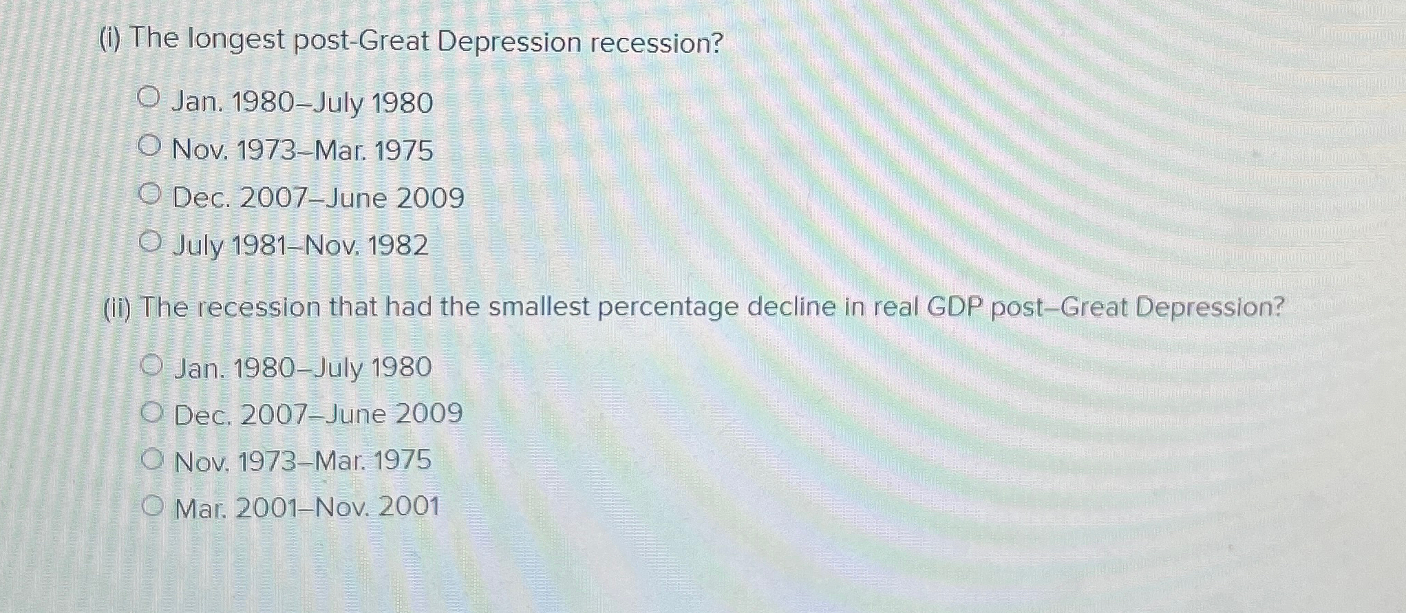 Solved (i) ﻿The longest post-Great Depression recession?Jan. | Chegg.com