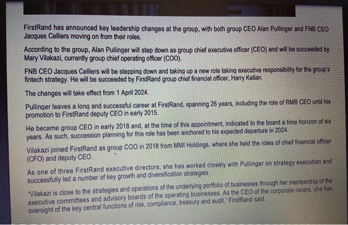 Solved FNB changes After ten years as CEO of FNB, Jacques | Chegg.com