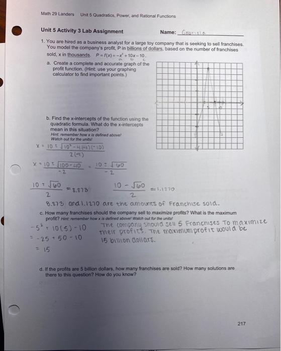 Solved Math 29 Landers Unit 5 Quadratics, Power, and | Chegg.com