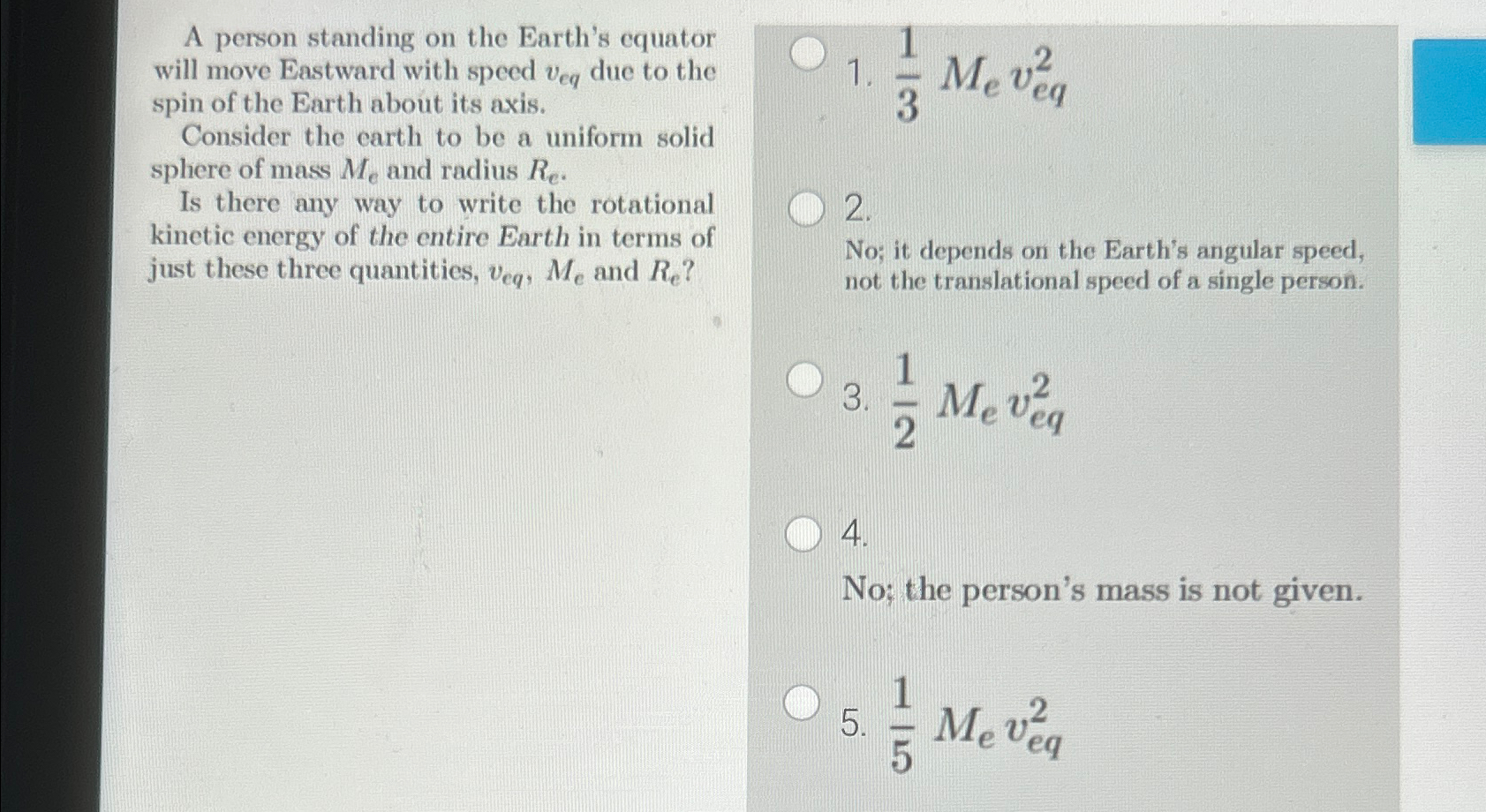 Solved A person standing on the Earth's equator will move | Chegg.com