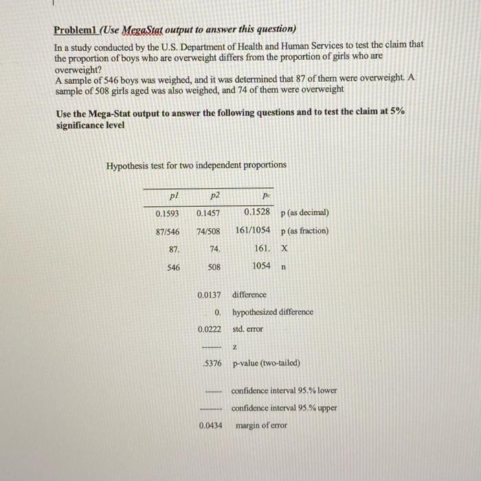 Solved Problem1 (Use MegaStat output to answer this | Chegg.com