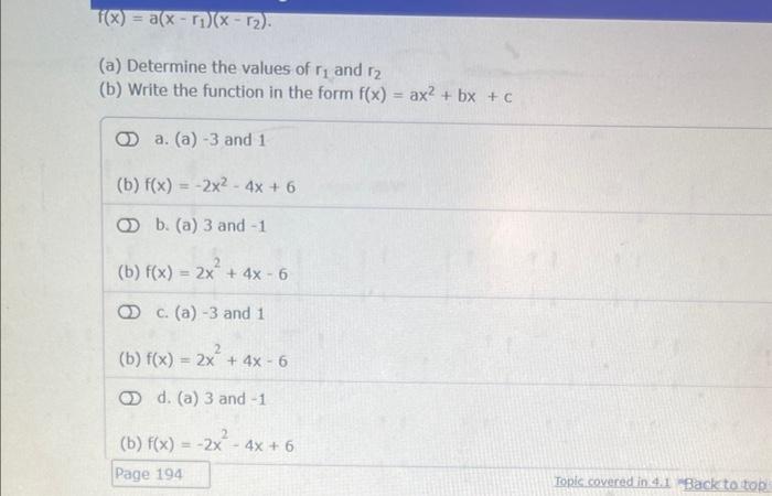 Solved F X A X−r1 X−r2 A Determine The Values Of R1 And