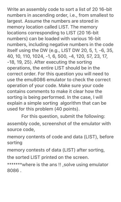 Solved Write An Assembly Code To Sort A List Of 2016 Bit