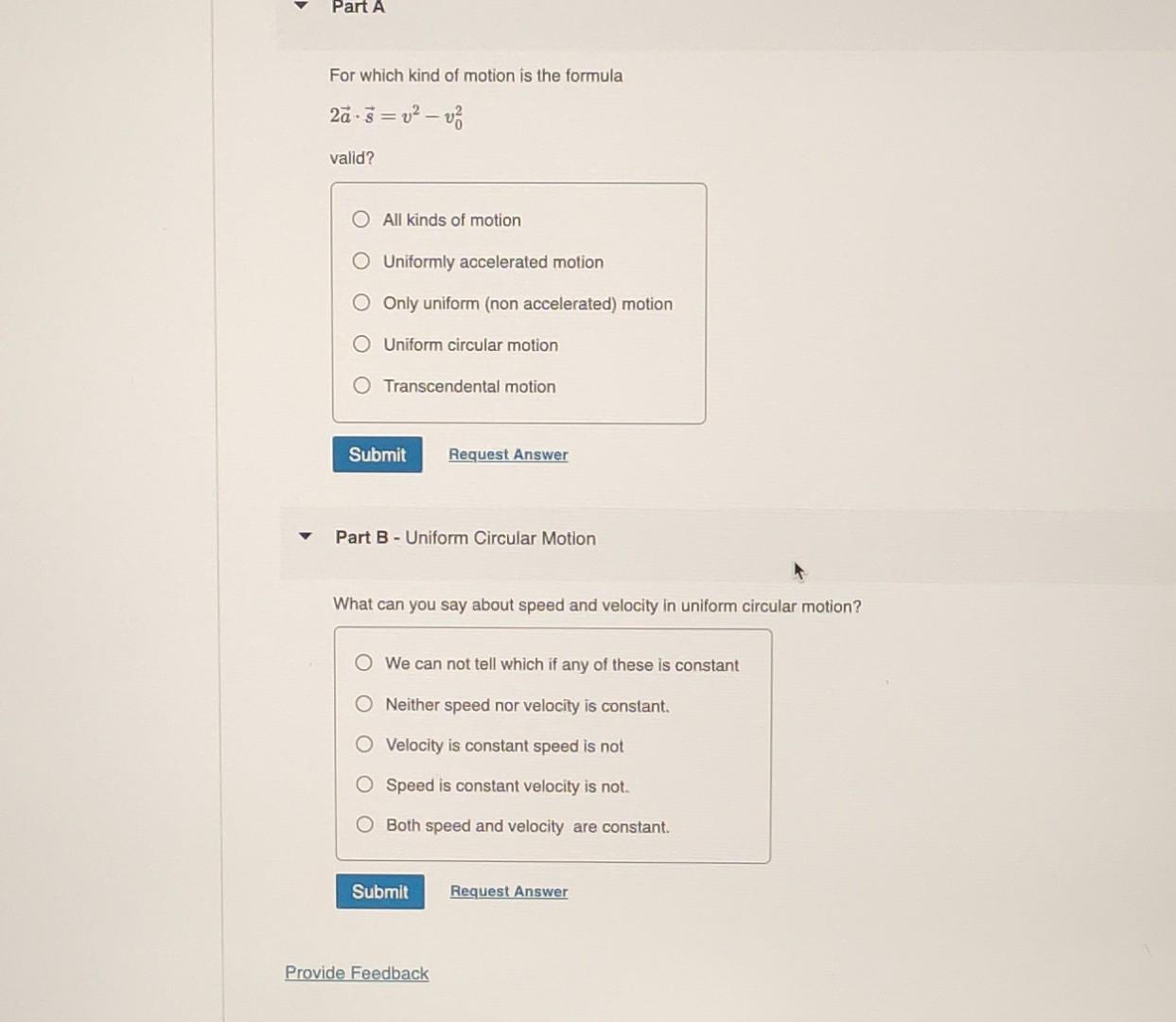 Solved Part A For which kind of motion is the formula 2a | Chegg.com