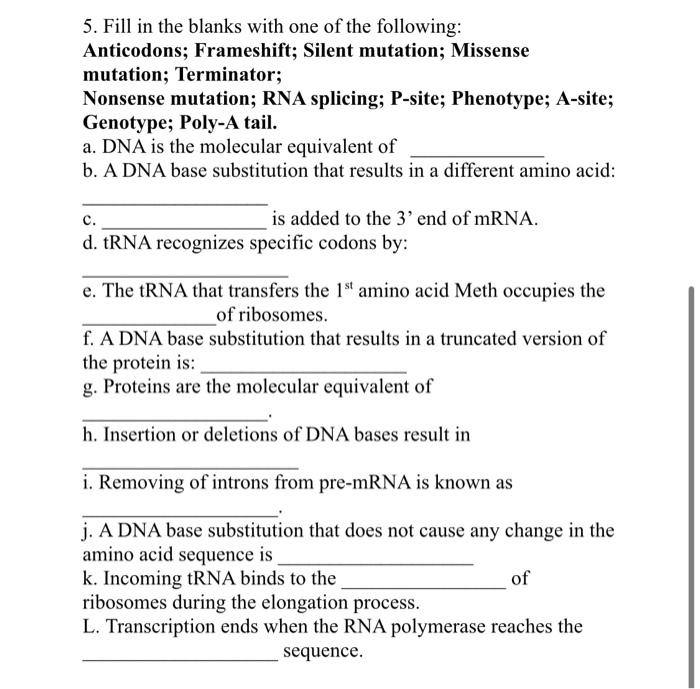 Solved 5. Fill in the blanks with one of the following: | Chegg.com