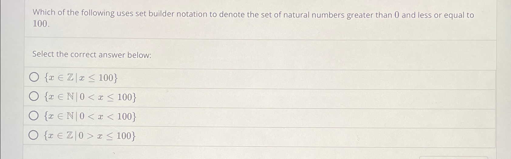 Solved Which of the following uses set builder notation to | Chegg.com