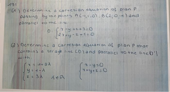 Solved 191 Inc a) Determine a cartesian equation of plan e | Chegg.com
