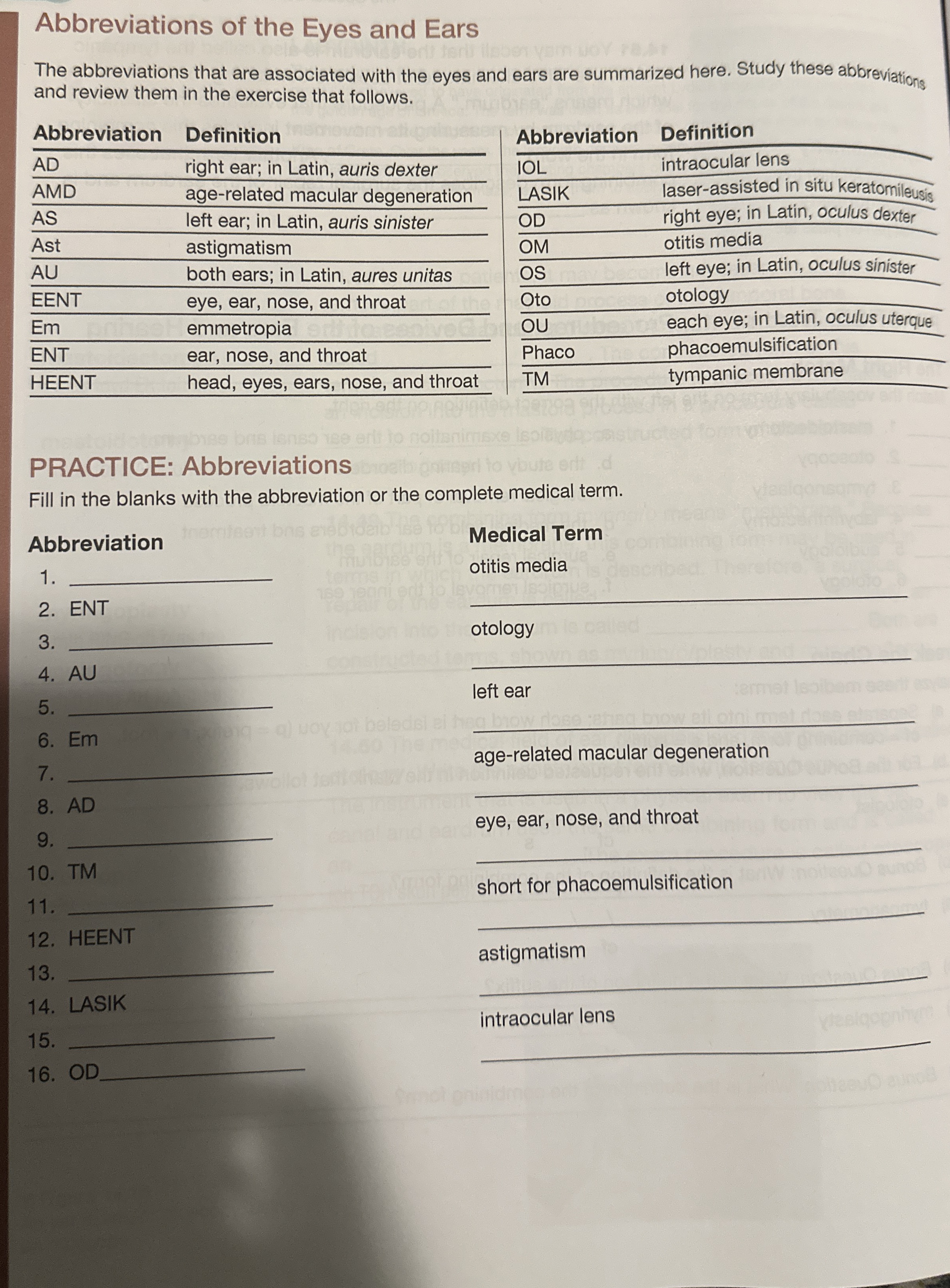 [Solved]: Abbreviations of the Eyes and Ears The abbreviatio