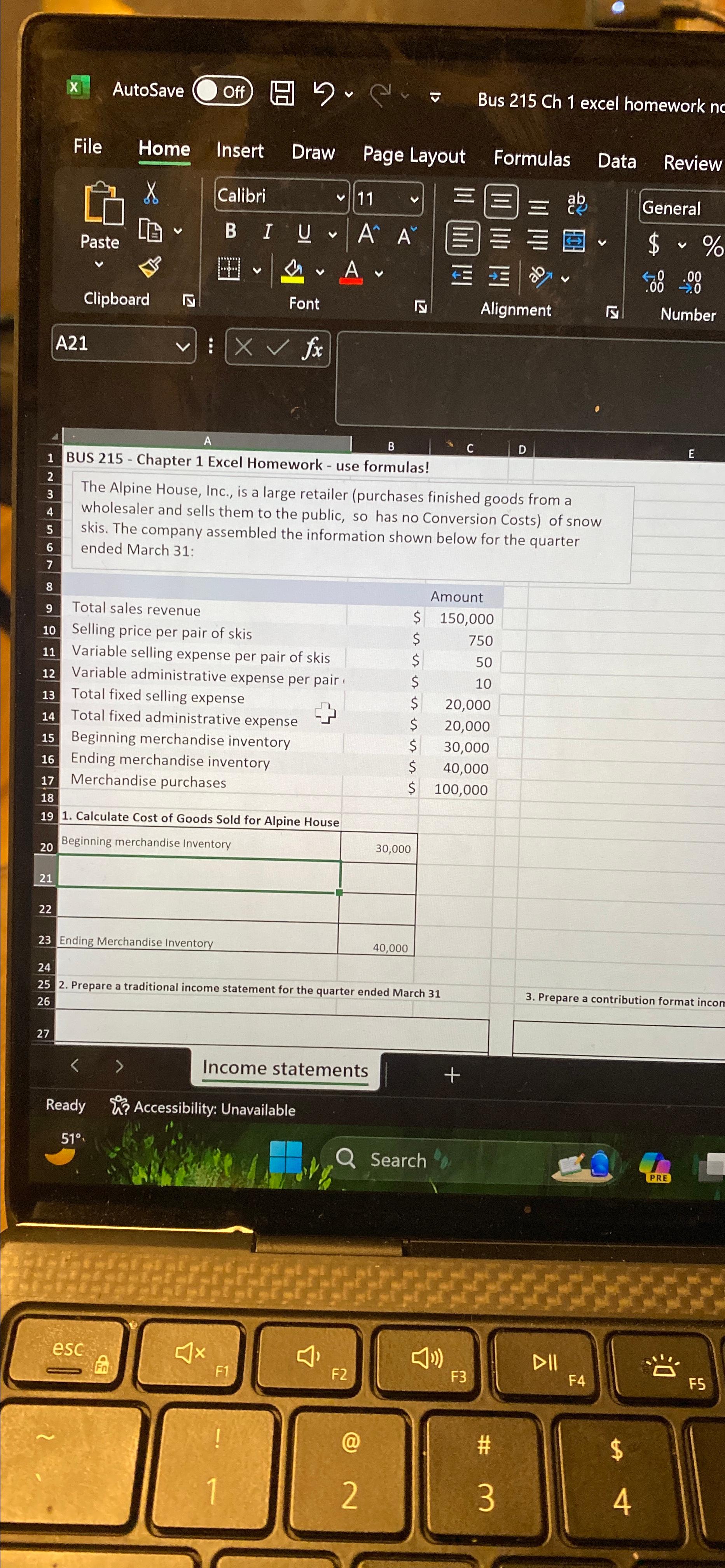 Solved AutoSaveBus 215 ﻿Ch 1 ﻿excel homework | Chegg.com