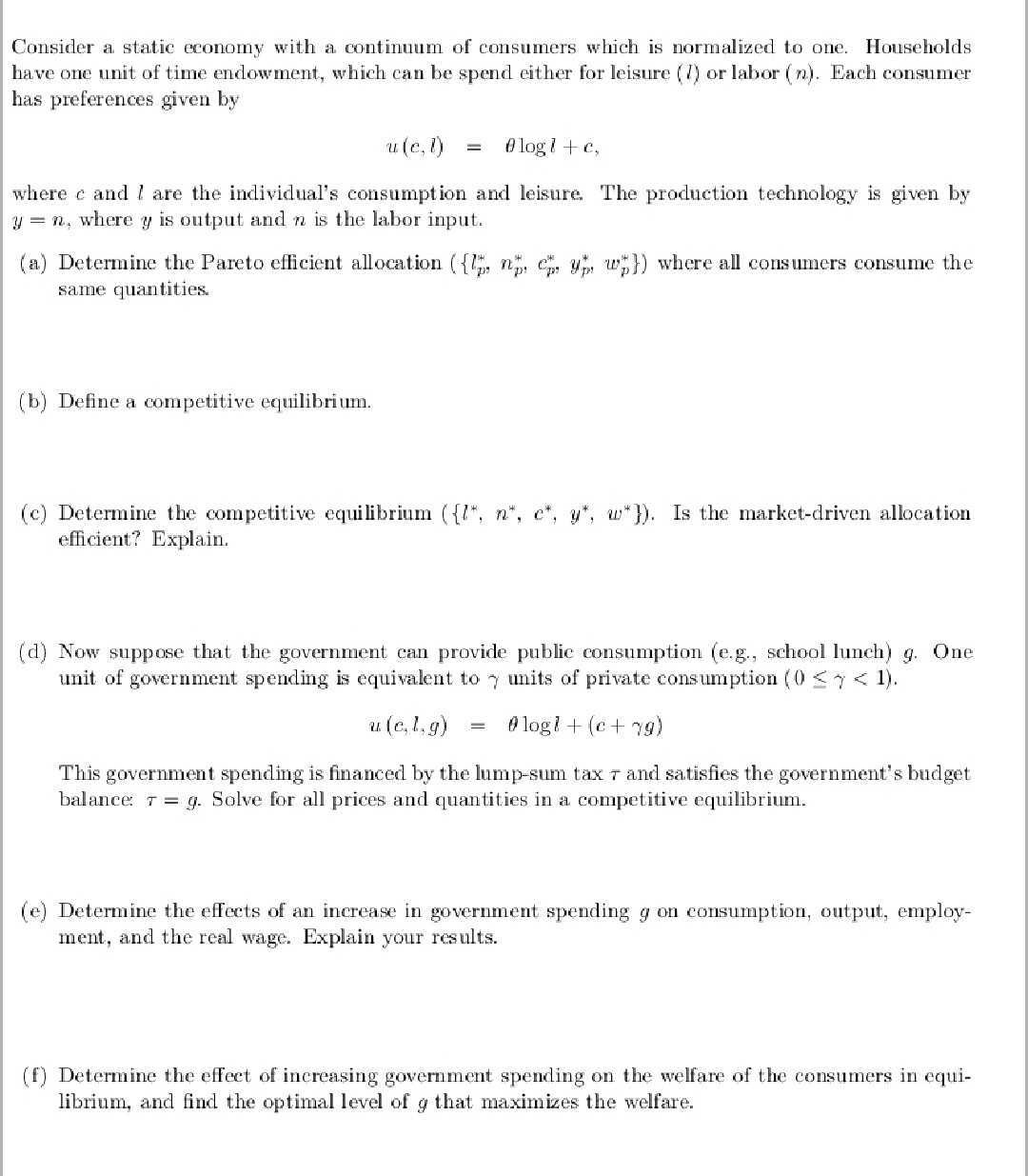 Solved Consider a static economy with a continuum of | Chegg.com