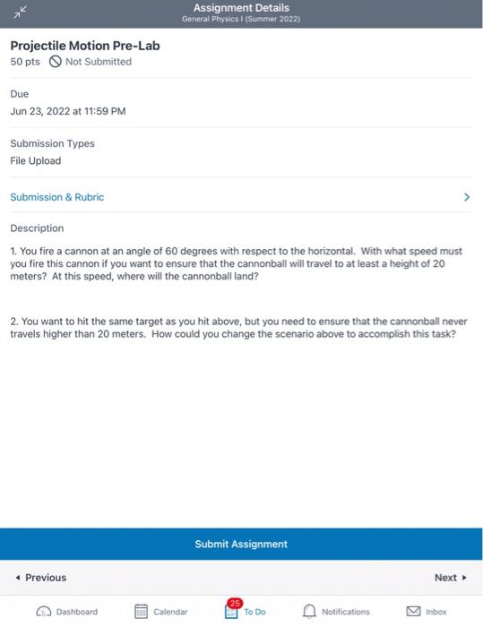 Solved Projectile Motion Pre-Lab 50 pts Not Submitted Due | Chegg.com