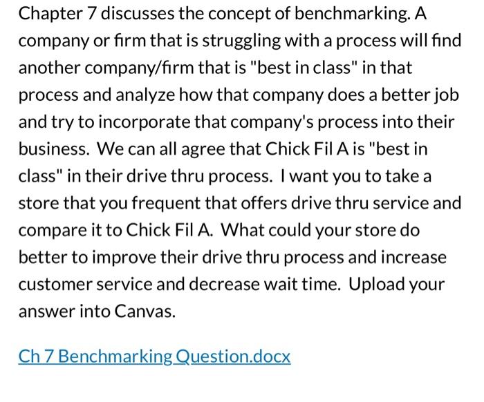 Solved Chapter 7 discusses the concept of benchmarking. A | Chegg.com