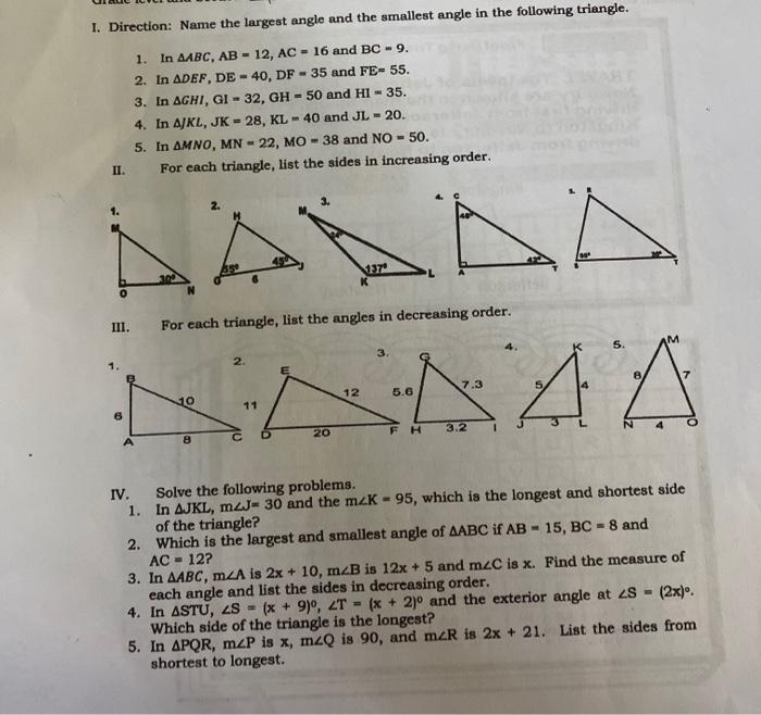 Solved 1. Direction: Name the largest angle and the smallest | Chegg.com