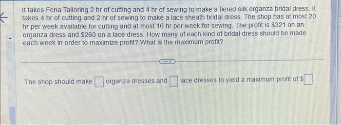 Solved It takes Fena Tailoring 2hr of cutting and 4hr of | Chegg.com
