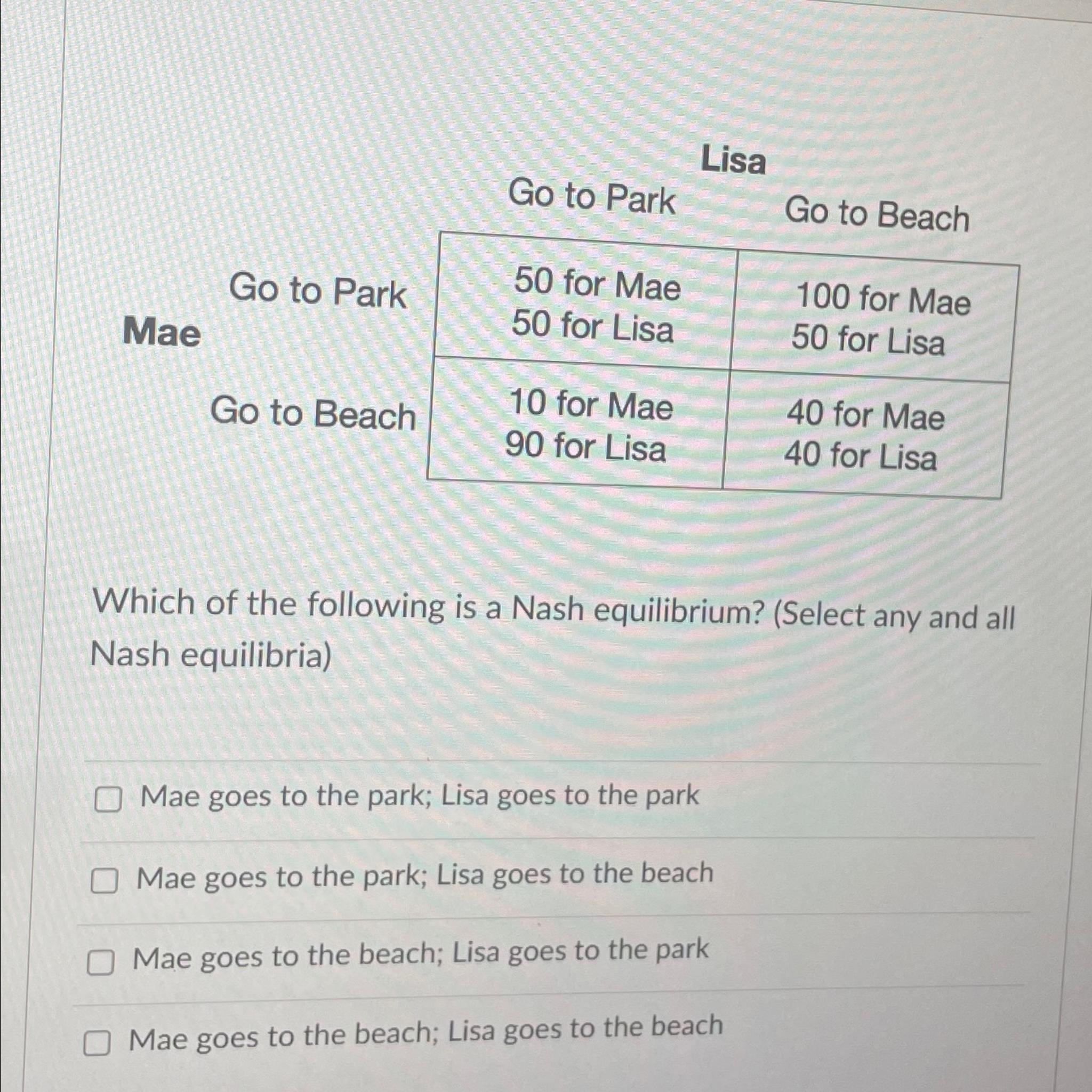 Solved Lisa\table[[,Go to Park,Go to Beach],[Go to | Chegg.com