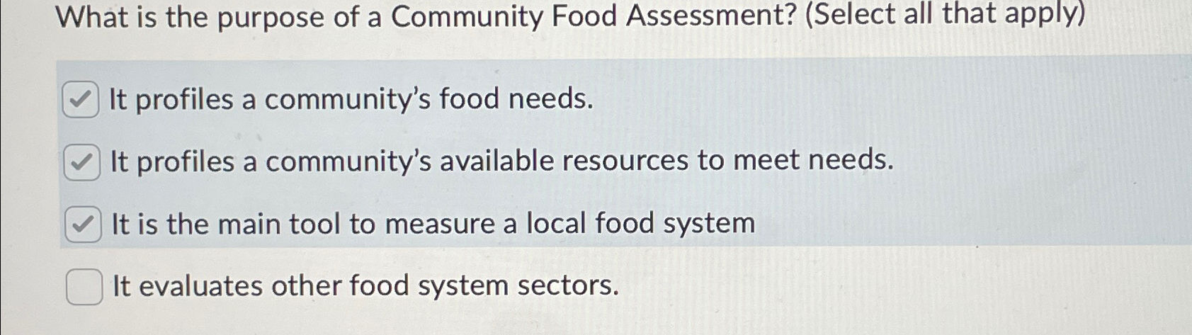 Solved What is the purpose of a Community Food Assessment? | Chegg.com