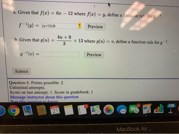 Solved a. Given that f(x) = 6x - 12 where f(x) = y, define a | Chegg.com