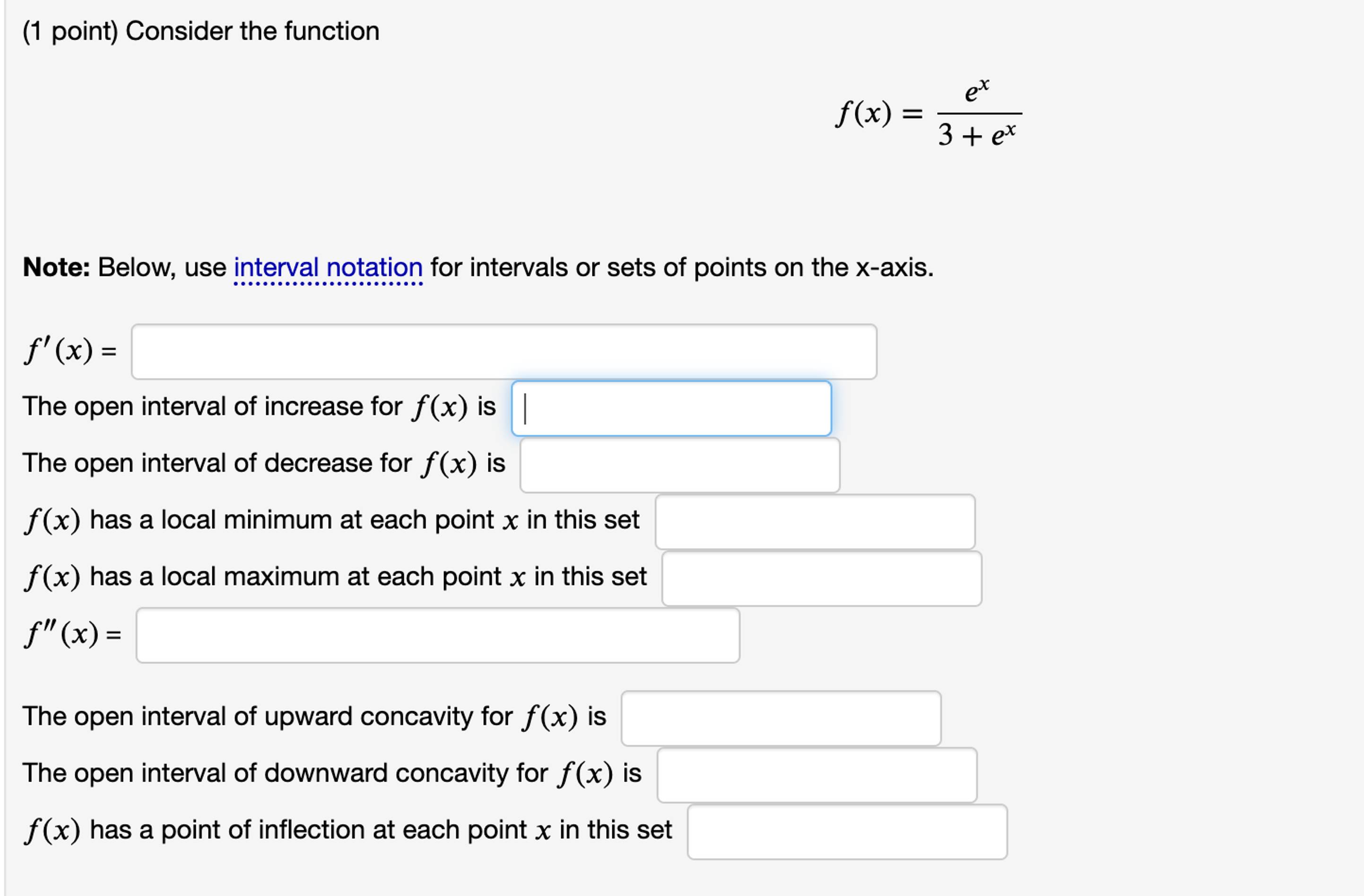 (1 ﻿point) ﻿Consider the functionf(x)=ex3+exNote: | Chegg.com