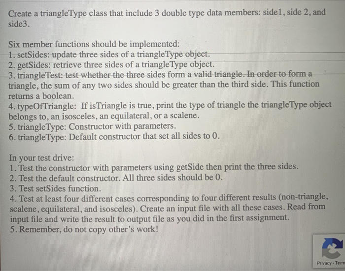 Solved Create a triangleType class that include 3 double | Chegg.com