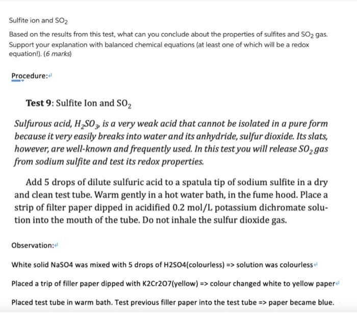 Solved Sulfite ion and SO2 Based on the results from this | Chegg.com