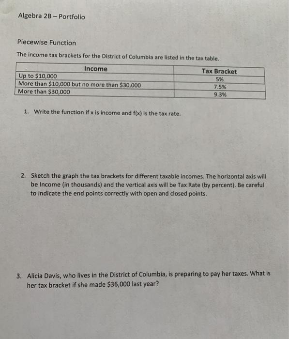 Solved Algebra 2B - Portfolio Piecewise Function The income | Chegg.com