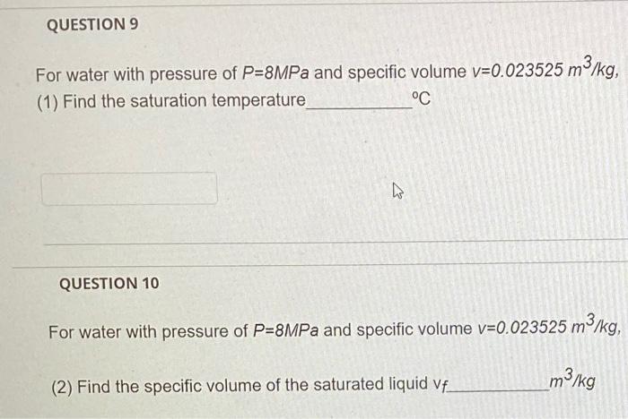 Solved For water with pressure of P=8MPa and specific volume | Chegg.com