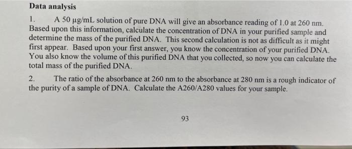 Solved Data analysis 1. A 50μg/mL solution of pure DNA will | Chegg.com
