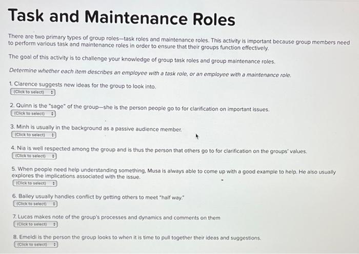 Solved Task and Maintenance Roles There are two primary | Chegg.com