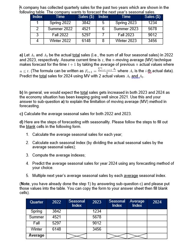 Solved A company has collected quarterly sales for the past | Chegg.com