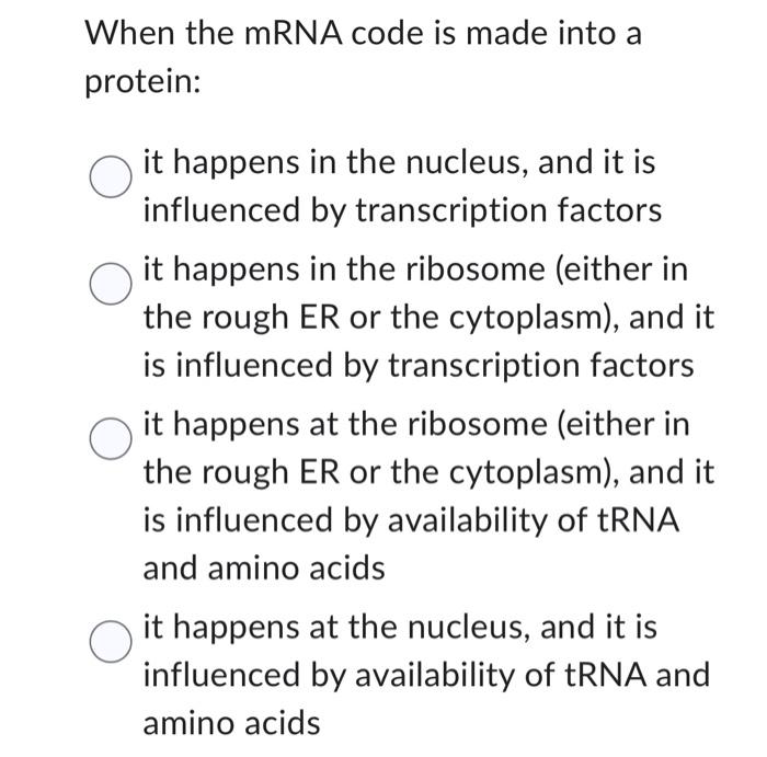 Solved When the mRNA code is made into a protein: it happens | Chegg.com