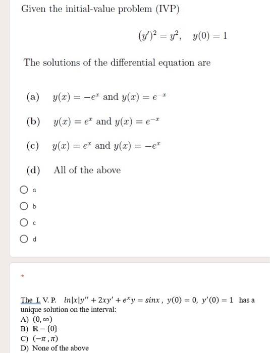 Solved Given the initial-value problem (IVP) (y′)2=y2,y(0)=1 | Chegg.com