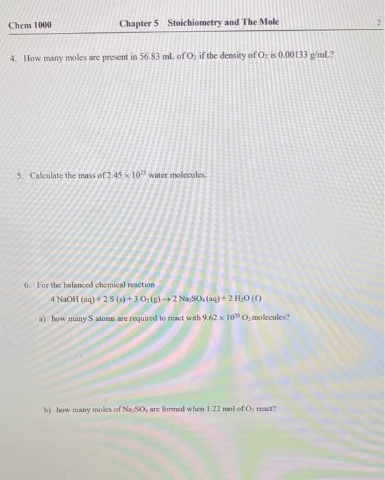 Solved Chem 1000 Chapter 5 Stoichiometry and The Mole | Chegg.com