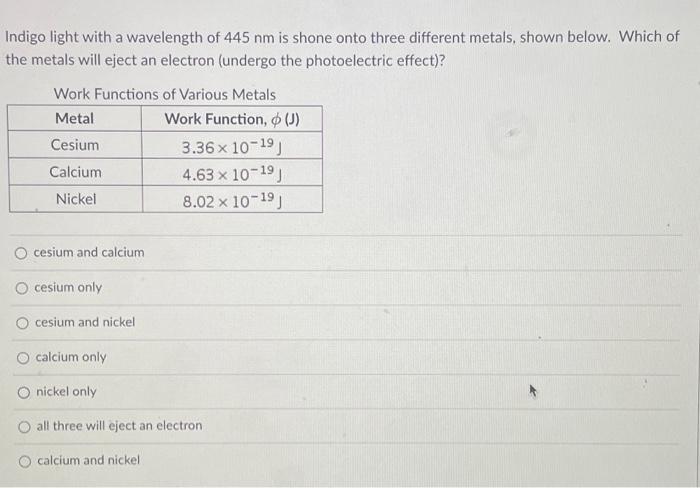Solved Indigo light with a wavelength of 445 nm is shone | Chegg.com