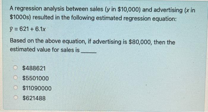 Solved A regression analysis between sales (y in $10,000) | Chegg.com