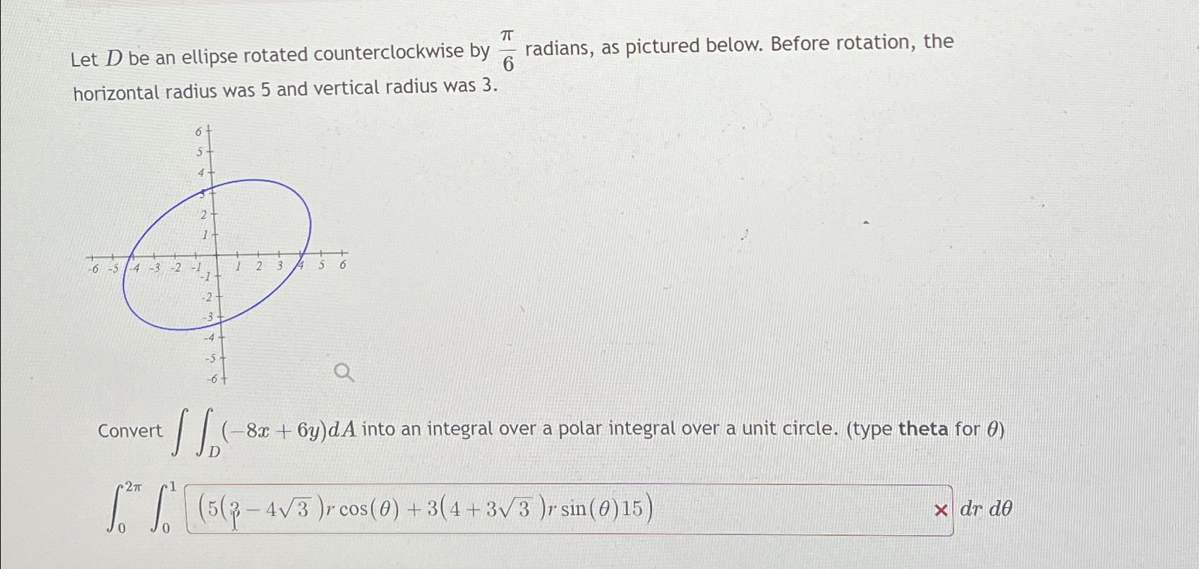 Solved Let D ﻿be an ellipse rotated counterclockwise by π6 | Chegg.com