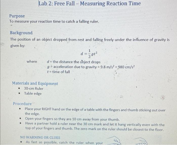 Lab 2: Free Fall – Measuring Reaction Time Purpose To | Chegg.com
