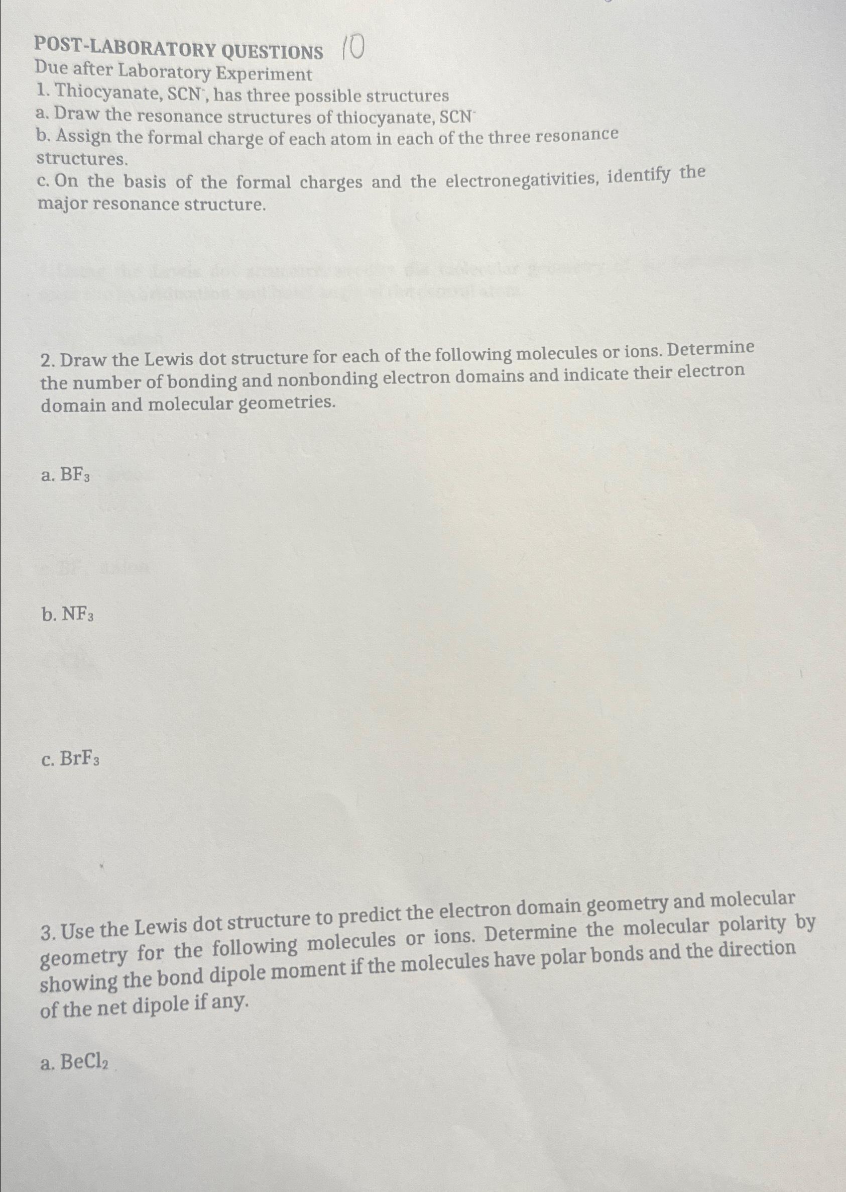 Solved POST-LABORATORY QUESTIONSDue after Laboratory | Chegg.com