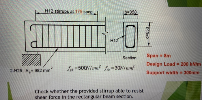 Solved H12 stirrups at 175 spcg. b=350 d=650 H12 Section | Chegg.com