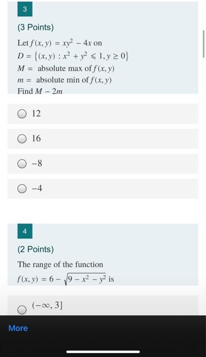 Solved 3 (3 Points) Let f(x, y) = xy2 - 4x on D = {(x, y) : | Chegg.com Solved 3 (3 Points) Let f(x, y) = xy2 - 4x on D = {(x, y) : | Chegg.com