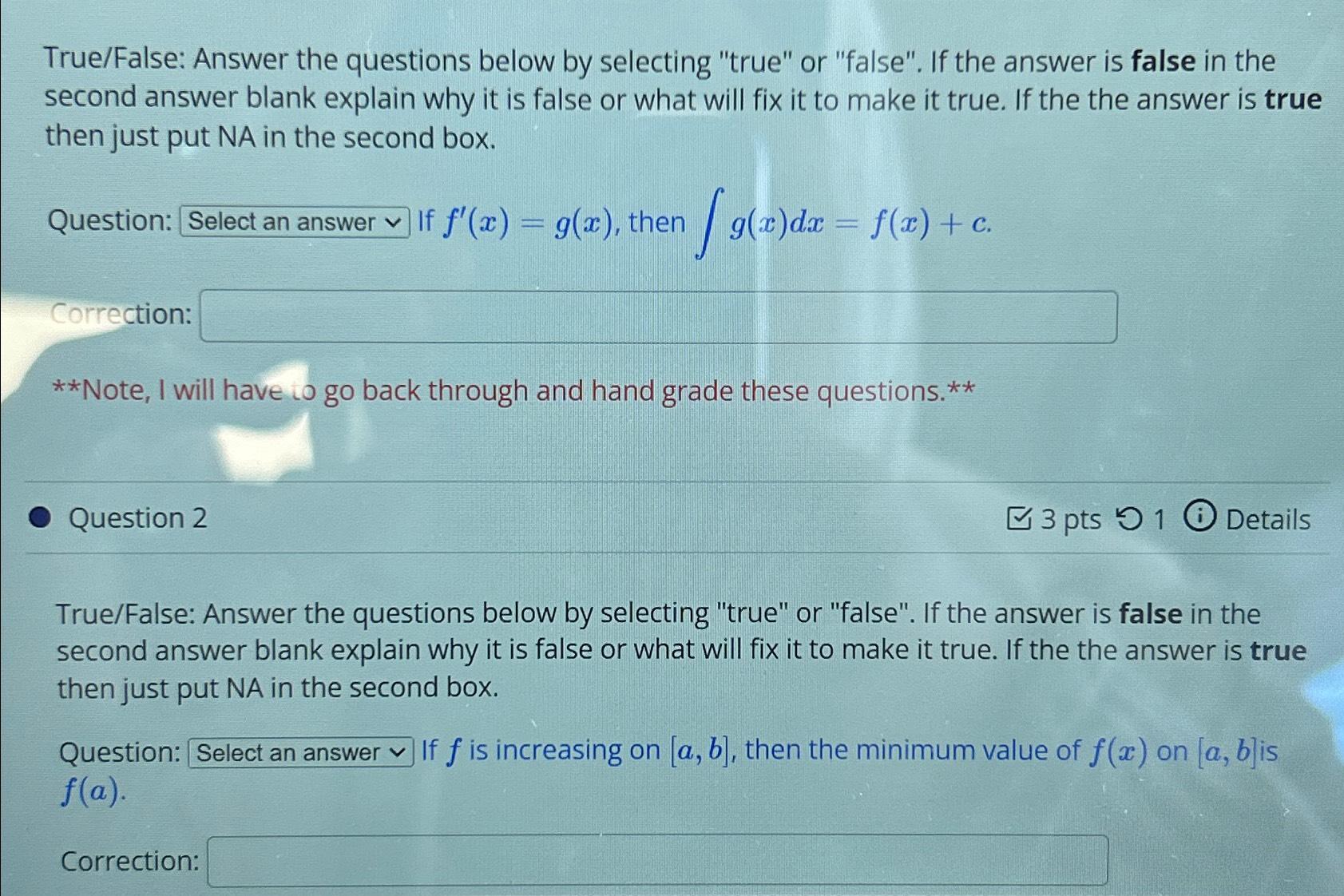 Solved True/False: Answer the questions below by selecting | Chegg.com
