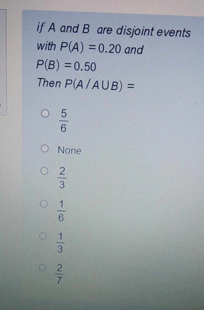 Solved if A and B are disjoint events with P(A) = 0.20 and | Chegg.com