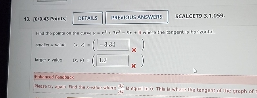Solved Points]SCALCET9 3.1.059.Find the points on the curve | Chegg.com